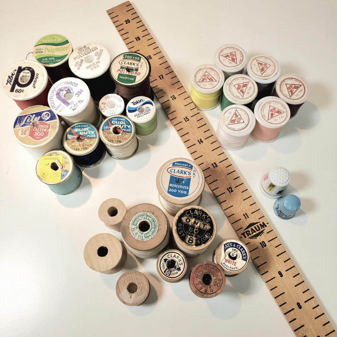 Vintage LOT Mid Century Sewing Thread Plus 2 Thimbles, Some Antique Wood Spools, Early Polyester ...