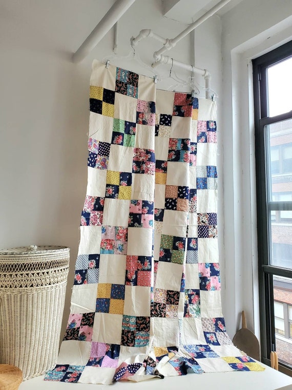 Vintage Creamy Four Patch QUILT TOP in Feedsack Prints and | Etsy