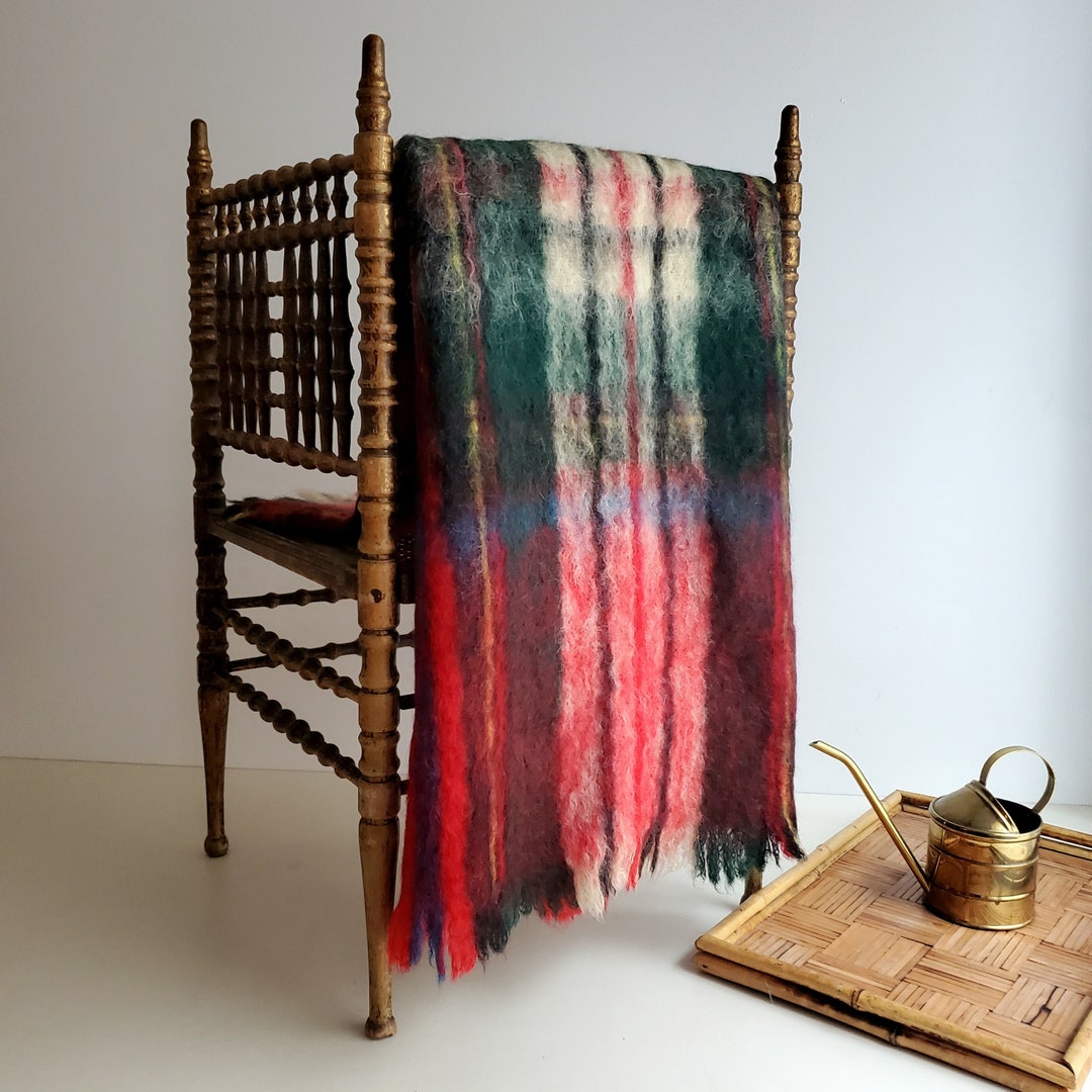 RED Vintage 100% Mohair Royal Stewart TARTAN Plaid Throw With Blue ...