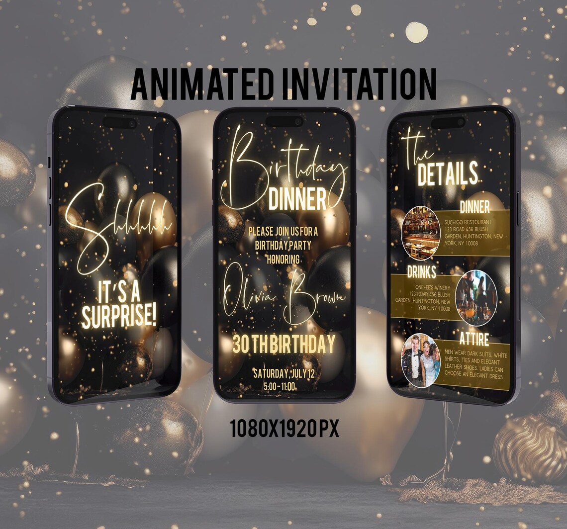 Black and Gold Birthday Video Invitation, Shhhh Surprise Balloons and ...