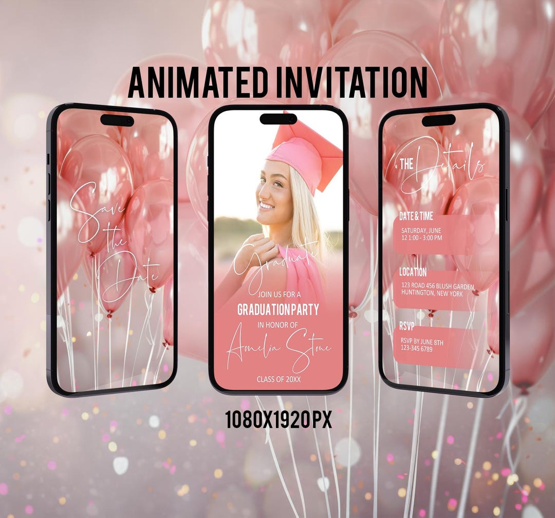 Pink Graduation Invitation Template, Editable Pink Balloons Theme ...