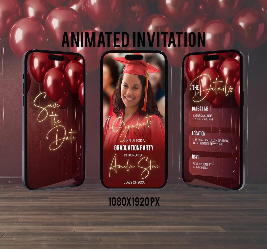 Red Graduation Invitation Template, Editable Balloons Theme Graduation ...