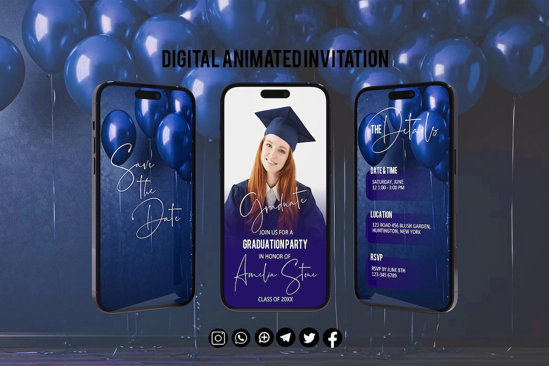 Blue Graduation Invitation Template, Editable Balloons Theme Graduation ...