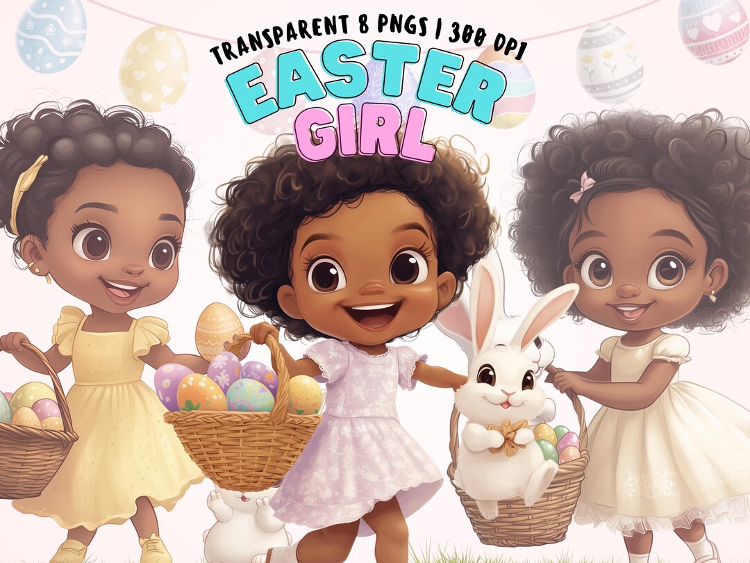 8 Easter Black Cute Girl Clipart Bundle PNG, Easter Bunny, Easter Egg ...