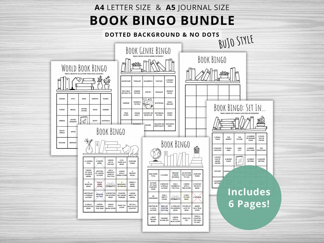 BOOK BINGO BUNDLE: 6 Printable Journal Pages, Reading Challenge, Book ...