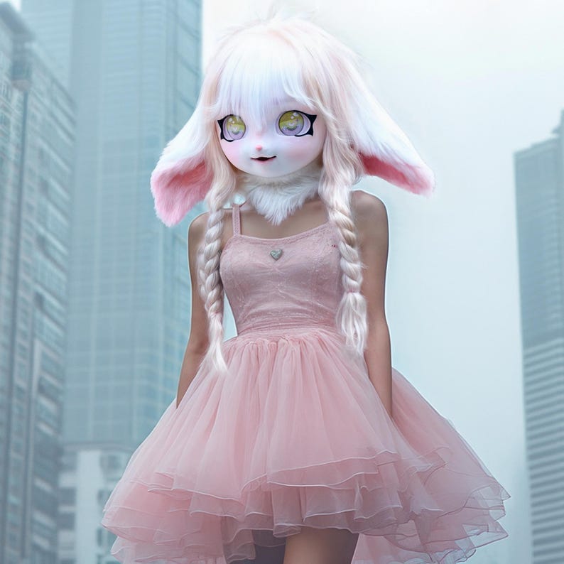 Fursuit Head Kigurumi Bunny With Braided Hair, Furry Kig Rabbit Cosplay ...
