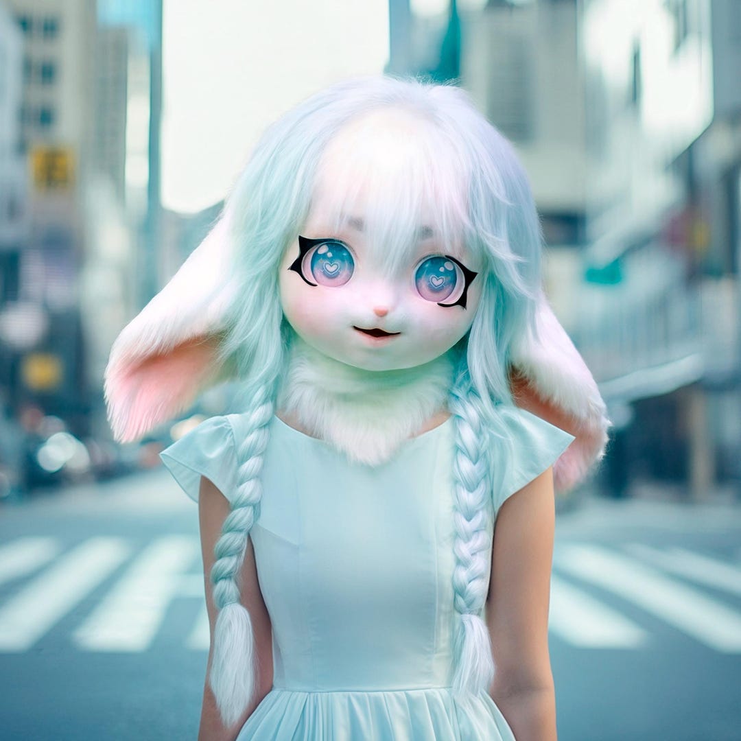 Fursuit Head Kigurumi Bunny With Braided Hair, Furry Kig Rabbit Cosplay ...