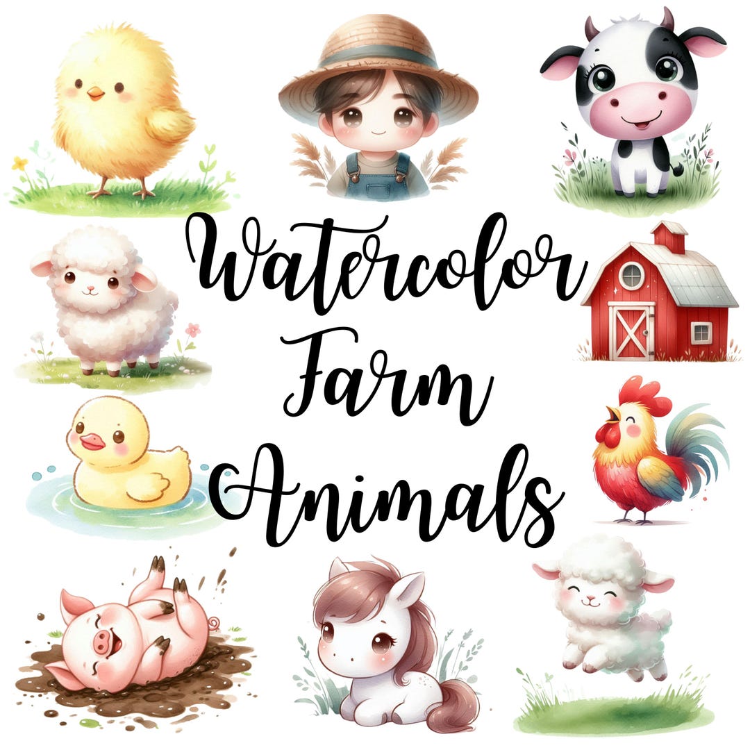 Watercolor Farm Animals Clipart Pack 10 Cute Designs Including Cows ...