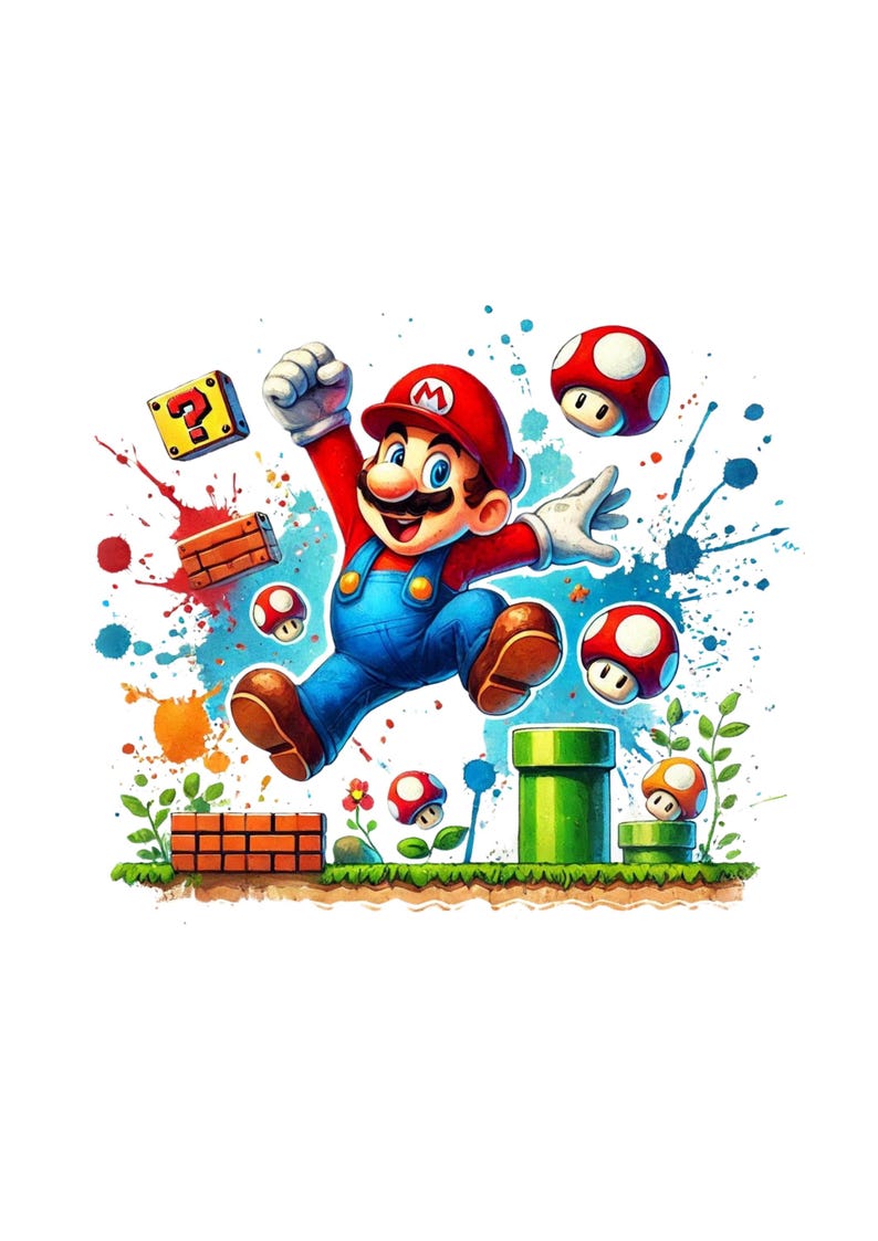 Watercolor Super Mario Bros Poster PNG Iconic Video Game Art, Instant ...