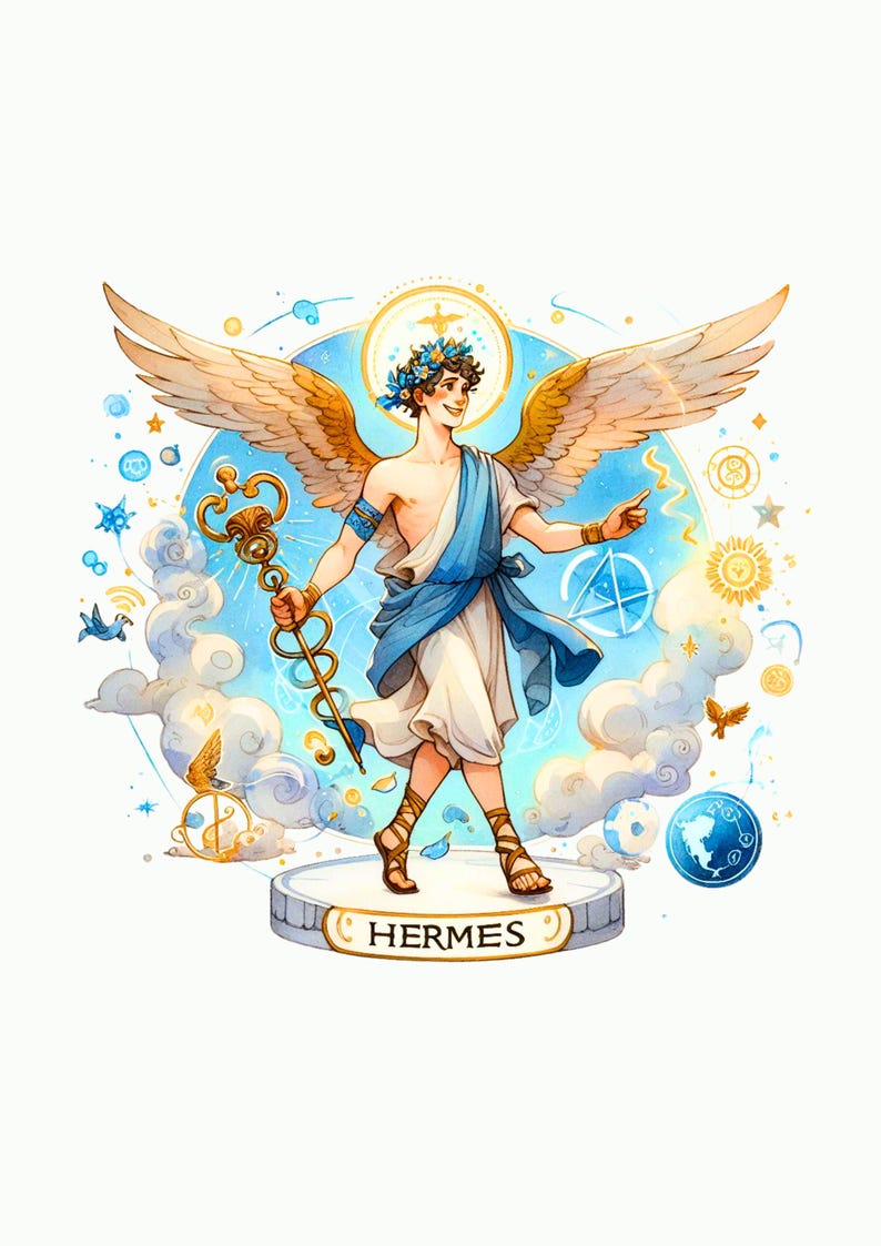 Watercolor Hermes Poster Clipart Messenger of the Gods Illustration in ...