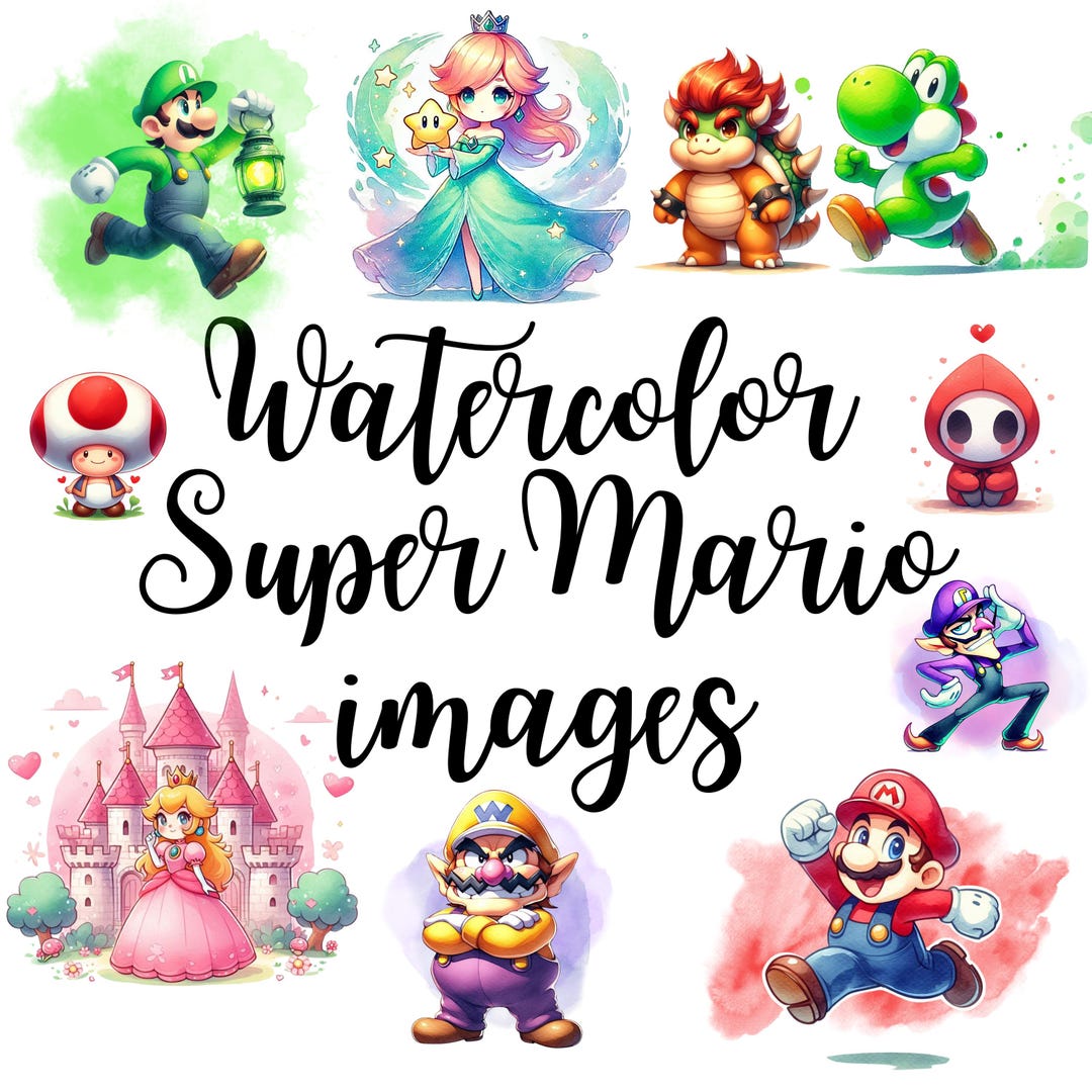 Watercolor Super Mario and Friends Clipart Pack 10 PNG Digital Images ...