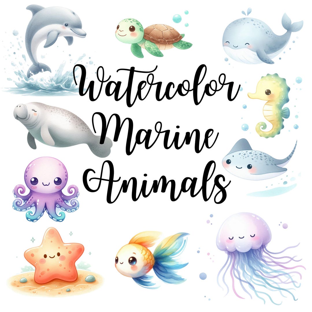 Watercolor Marine Animals Clipart Pack 10 Sea Creatures Including ...