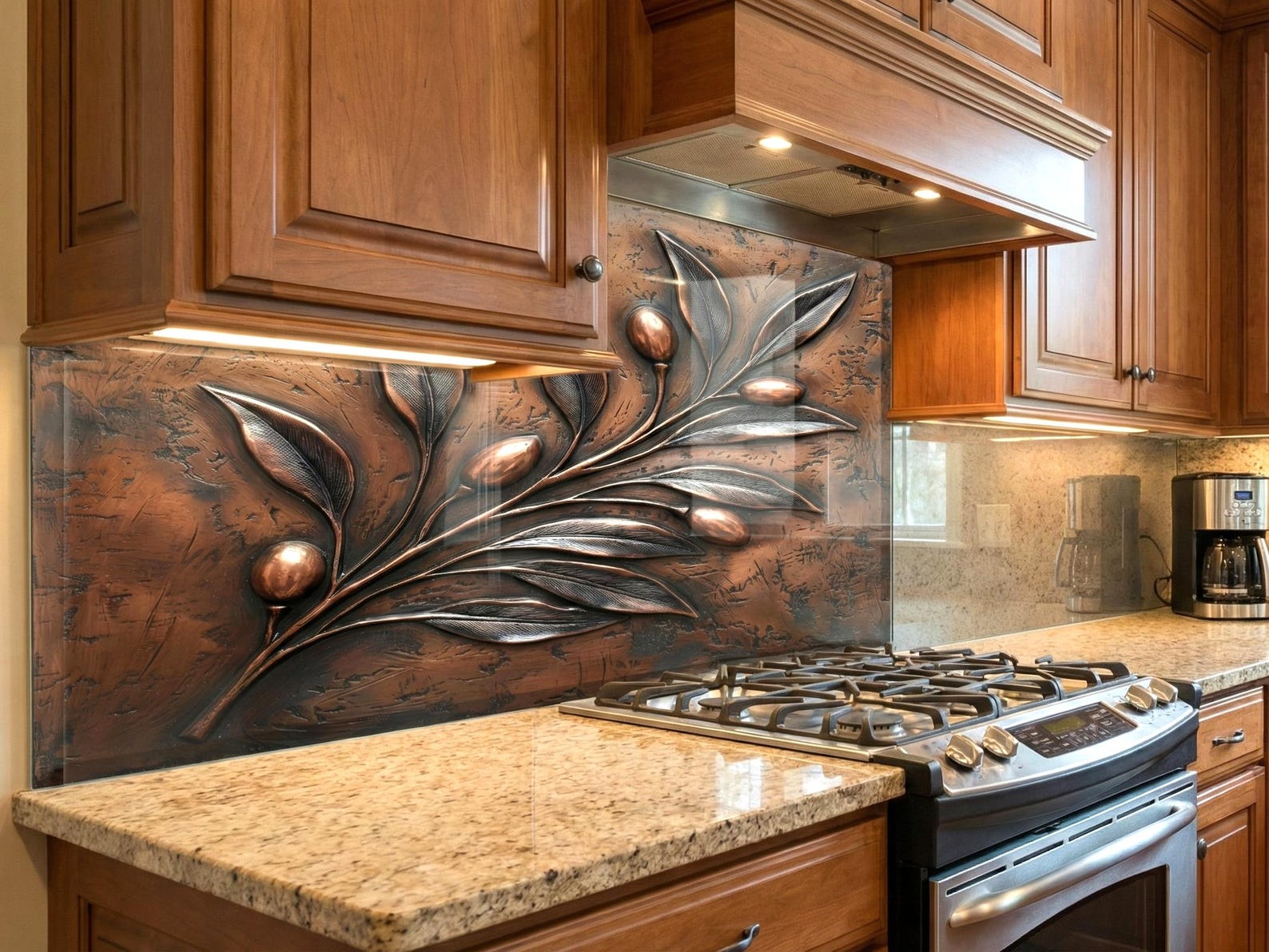 Copper Olive Branch Glass Backsplash, Rustic Kitchen Stove Splashback ...