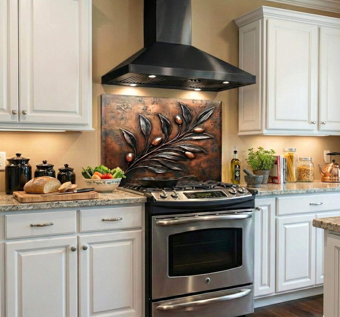 Copper Olive Branch Glass Backsplash, Rustic Kitchen Stove Splashback ...