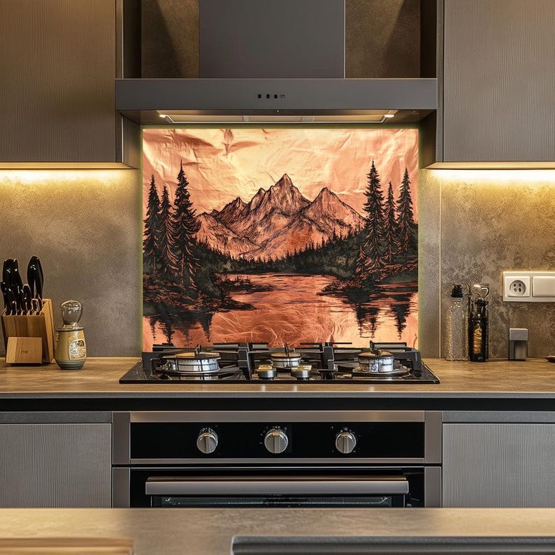 Mountain Ranges and Pine Tree Landscape Kitchen Backsplash, Backsplash ...