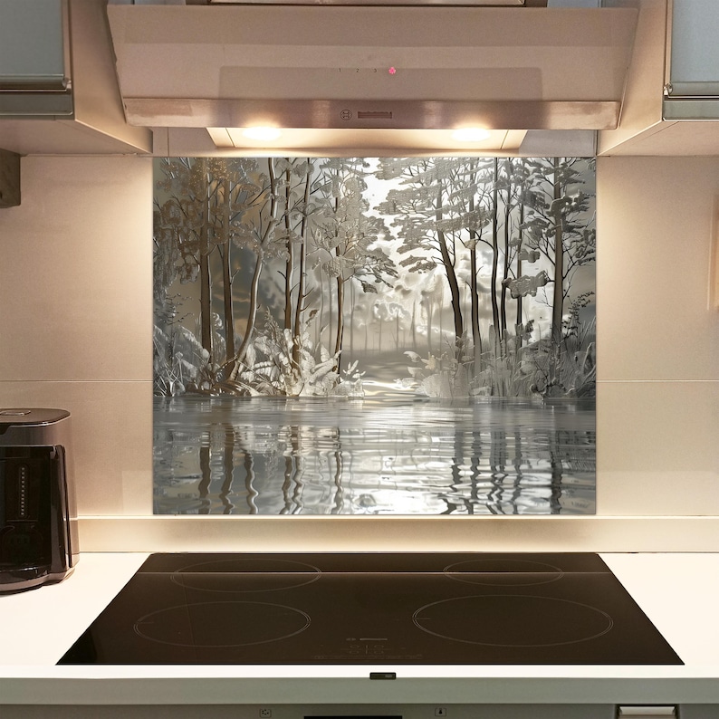 Modern Kitchen Backsplash - Mirror Look Tree Landscape Backsplash ...