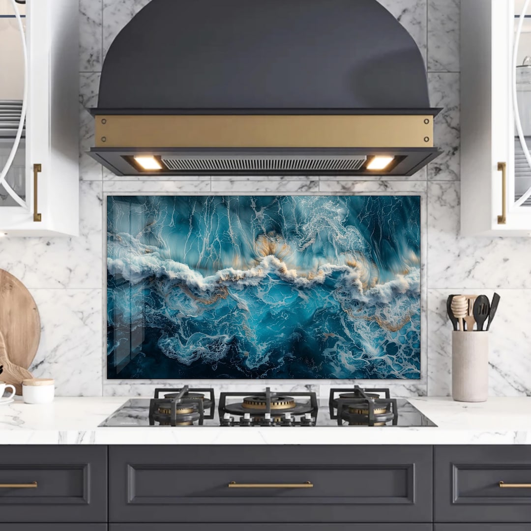 Ocean Wave Kitchen Backsplash for Oven, Marine Tempered Glass ...