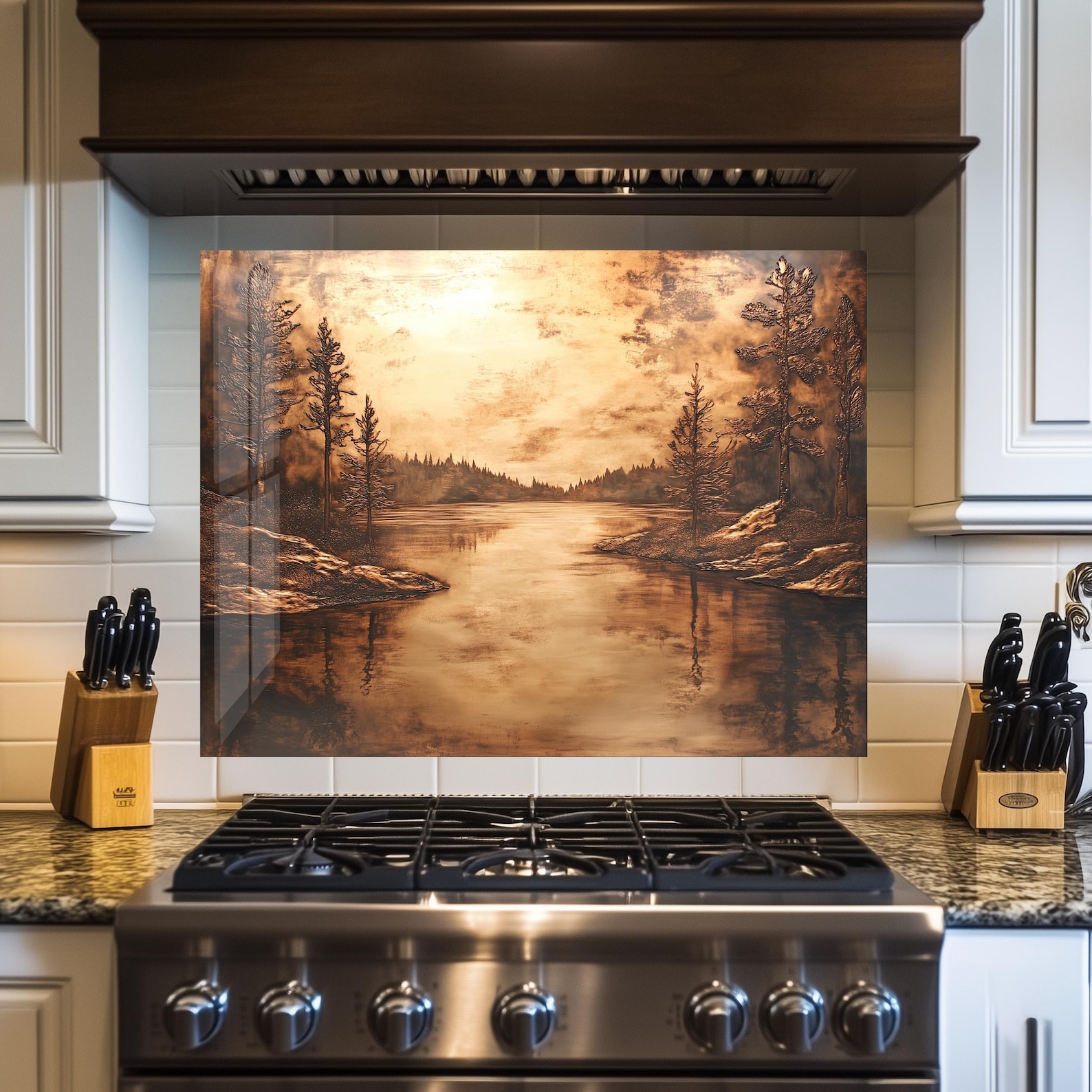 Rustic Copper Look Tempered Glass Stove Backsplash, Landscape Kitchen ...