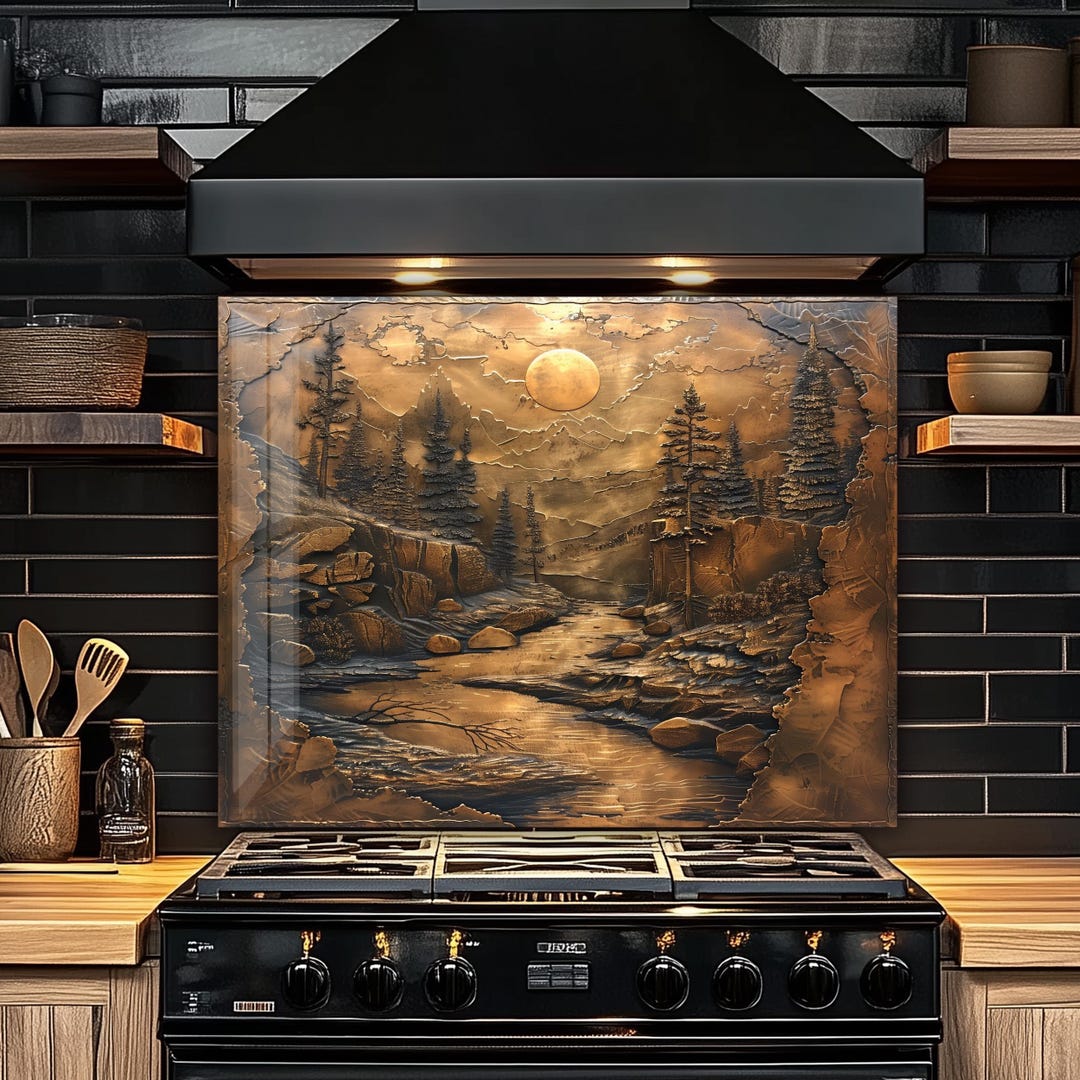 Copper Look Rustic Canyon Landscape Kitchen Backsplash, Stove ...