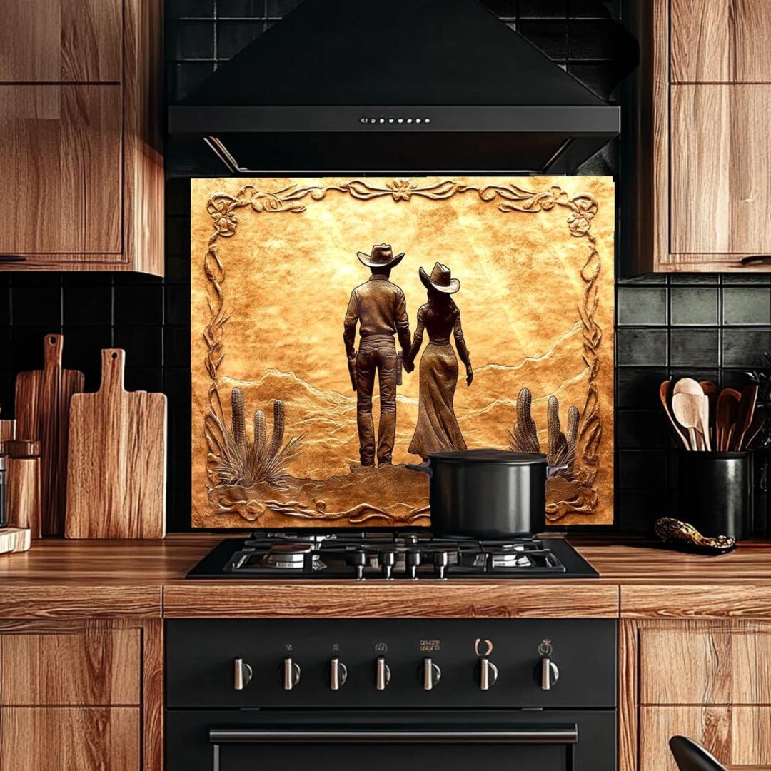 Kitchen Backsplash - Western Cowboy Cowgirl Couple Print Backsplash Tempered Glass Backsplash ...