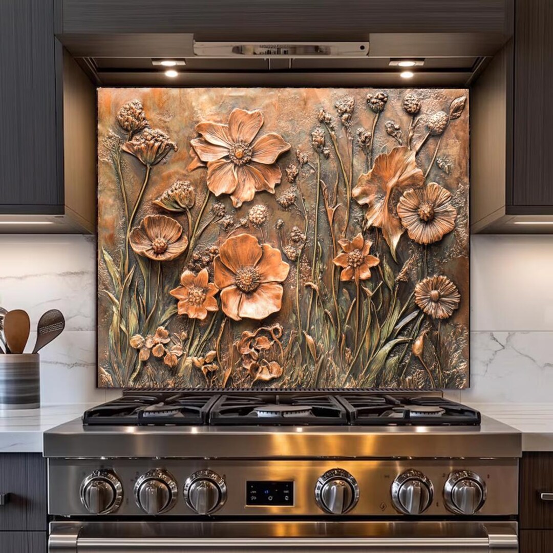 Extra Large Backsplash-copper Sytle Print Tempered Glass Backsplash ...
