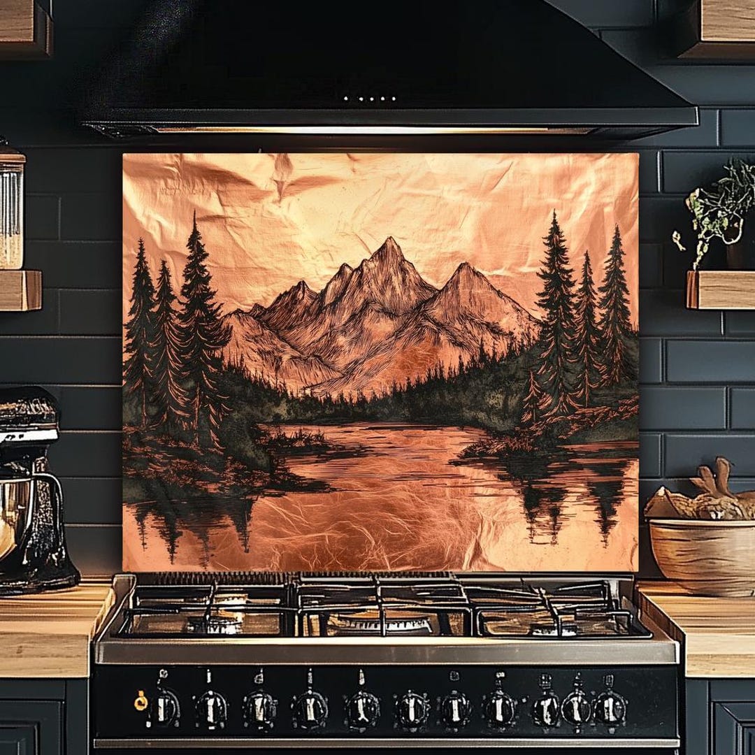 Mountain Ranges and Pine Tree Landscape Kitchen Backsplash, Backsplash ...