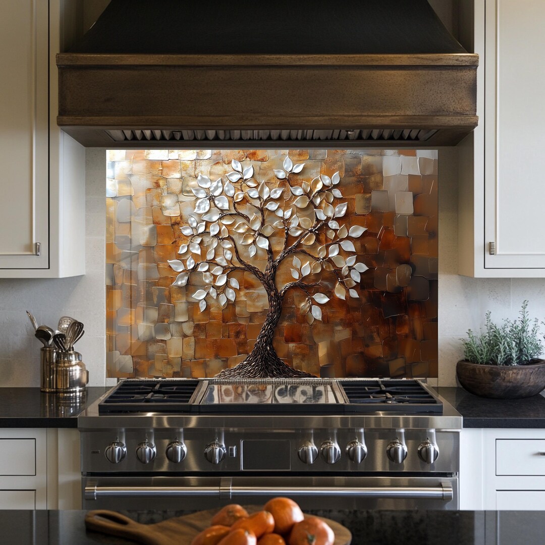 Tree of Life Tempered Glass Backsplash, Kitchen Backsplash Tile, Stove ...
