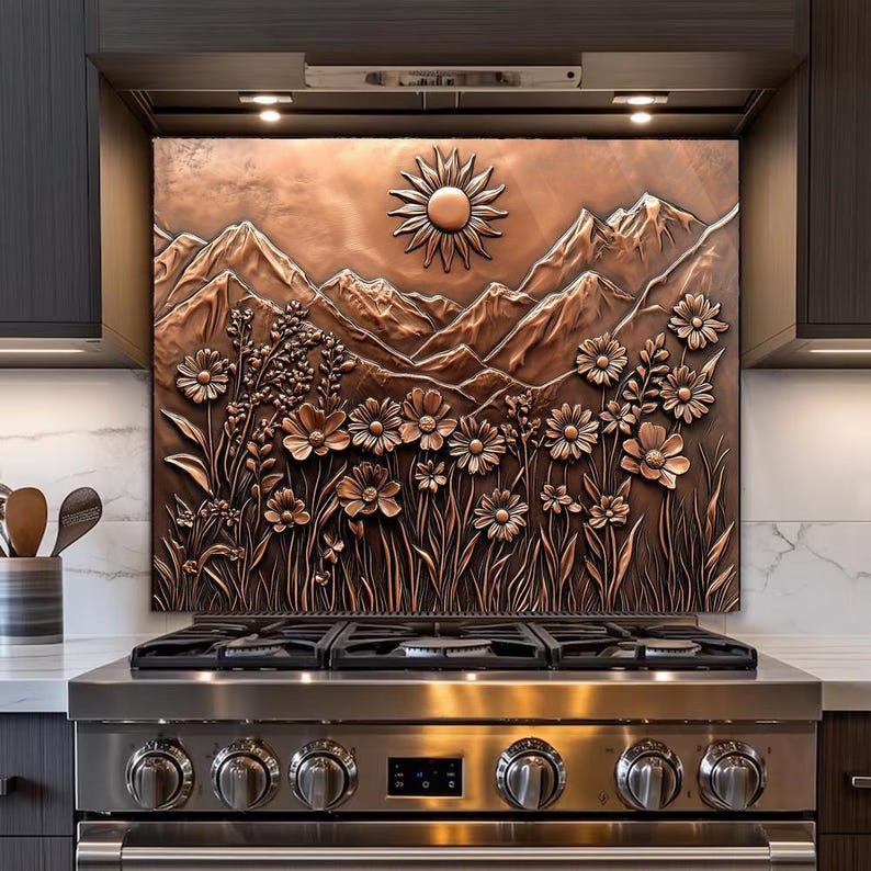 Wildflowers Backsplash-copper Look Mountain Ranges With Sun Kitchen ...