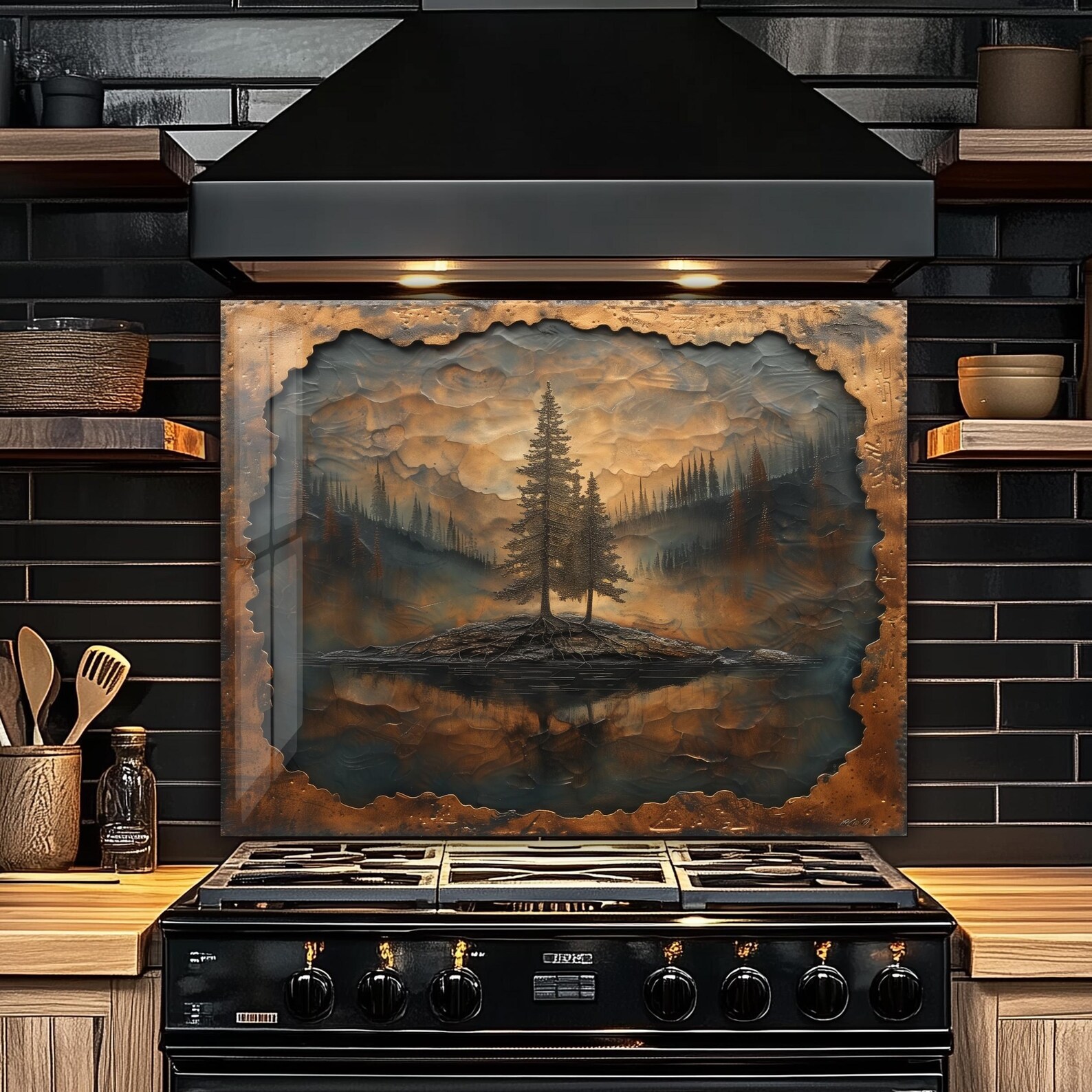 Tempered Glass Kitchen Backsplash Wall Panel-pine Tree Cooker ...