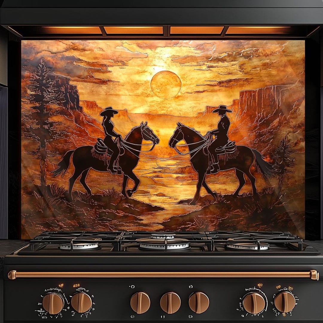 Stove & Fireplace Wall Art Backsplash, Copper Look Glass Western Backsplash Cowboy Cowgirl ...