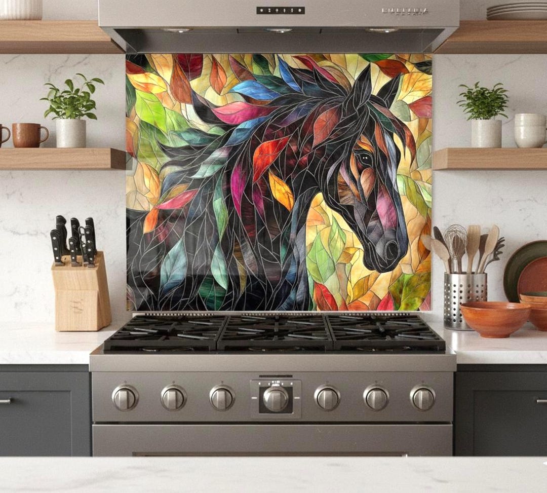 Floral Horse Tempered Glass Backsplash, Unique Stove Splashback Guard ...