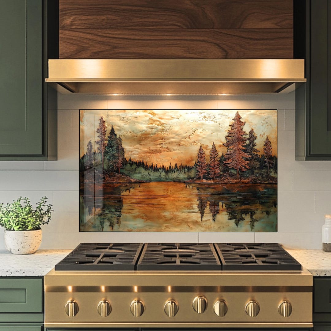 Landscape Kitchen Glass Backsplash, Rustic Tempered Glass Backsplash ...