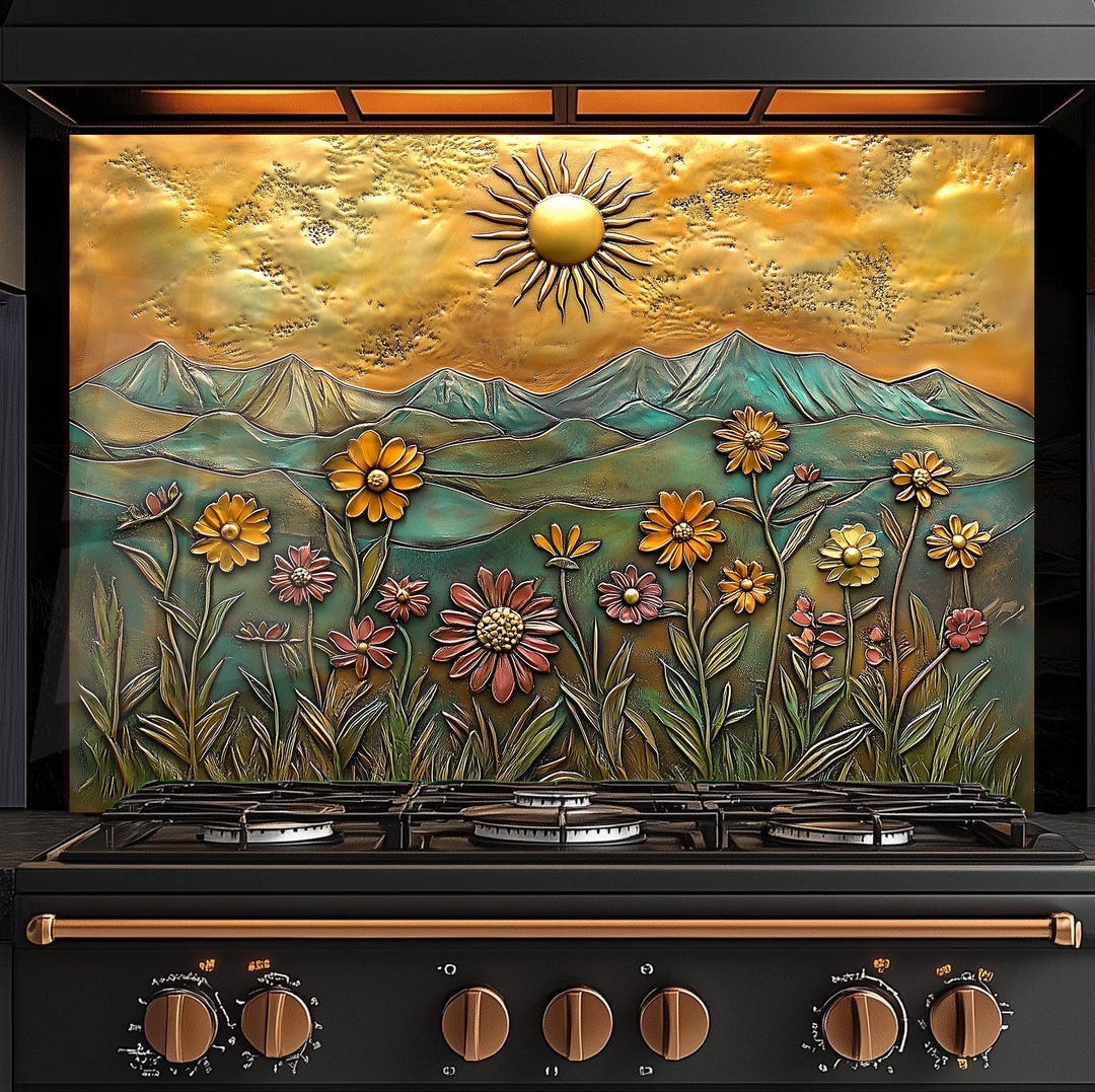 Backsplash-wildflowers Copper Look Glass Splashback, Kitchen Backsplash ...