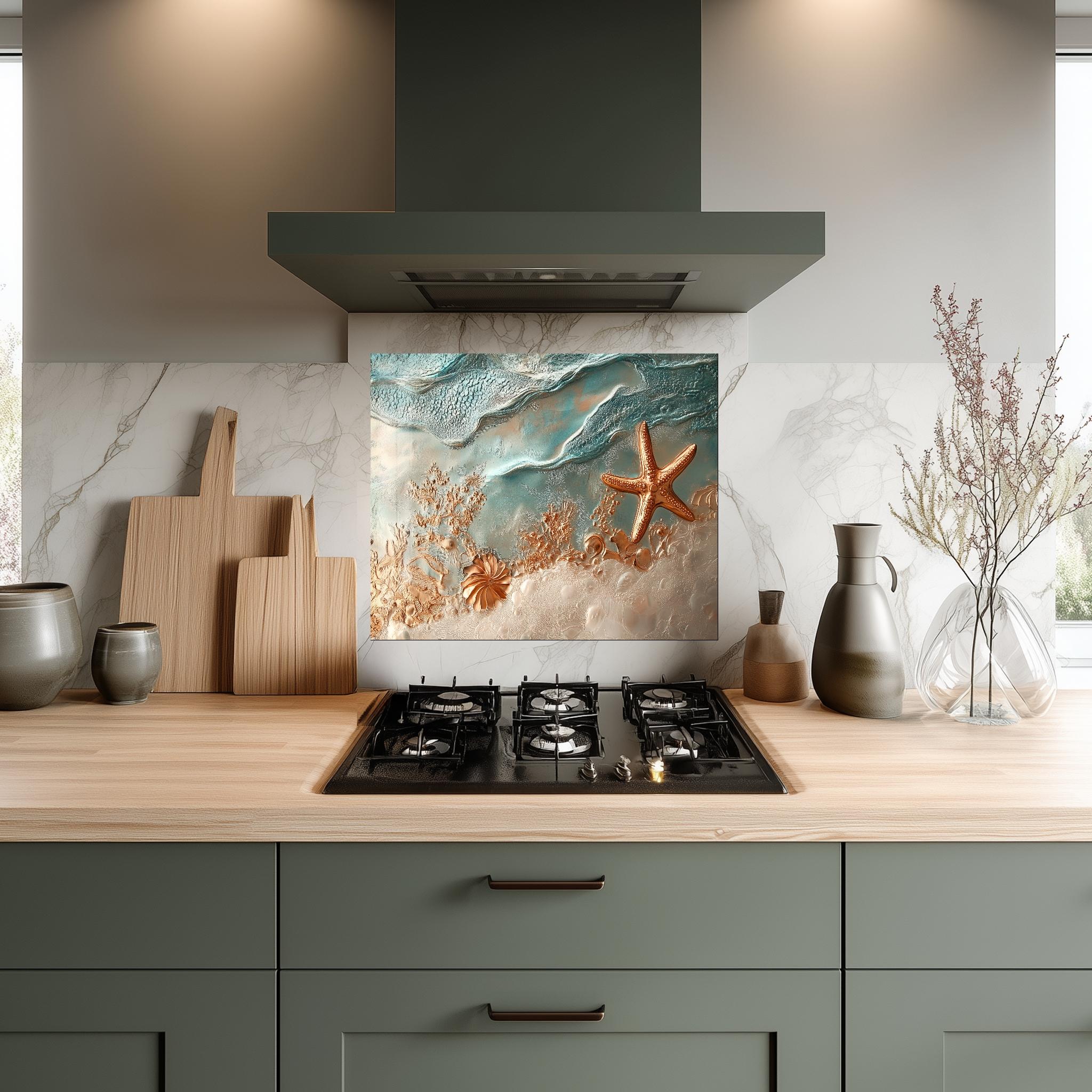 Marine Tempered Glass Stove Backsplash, Seashells Kitchen Backsplash ...
