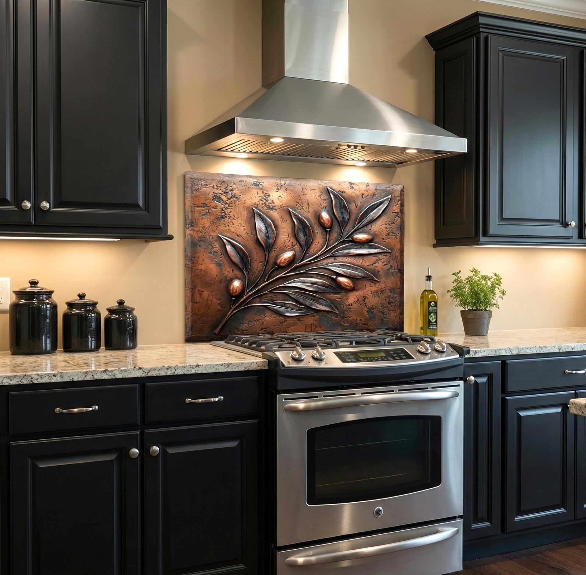 Copper Olive Branch Glass Backsplash, Rustic Kitchen Stove Splashback ...