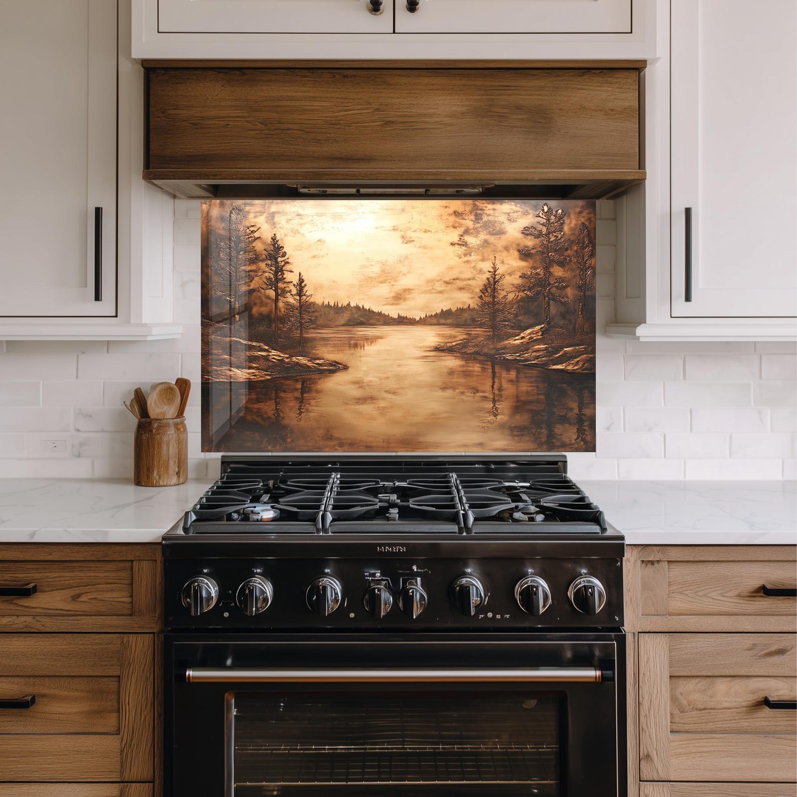Rustic Copper Look Tempered Glass Stove Backsplash, Landscape Kitchen ...