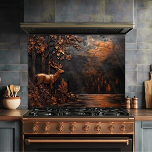 Vintage Copper Style Woodland Deer Print Backsplash for Stove ...