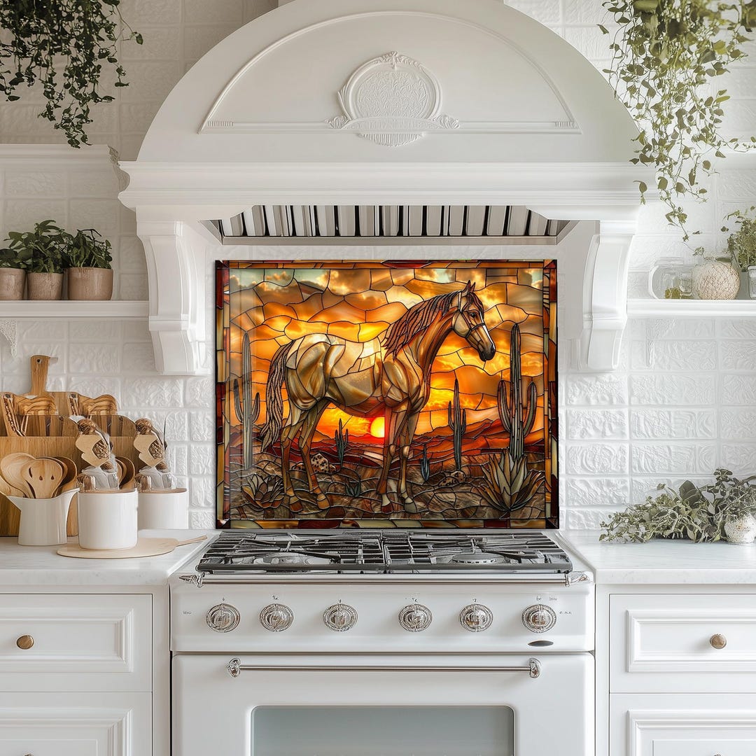 Stained Glass Look Horse Kitchen Backsplash, Western Style Tempered ...