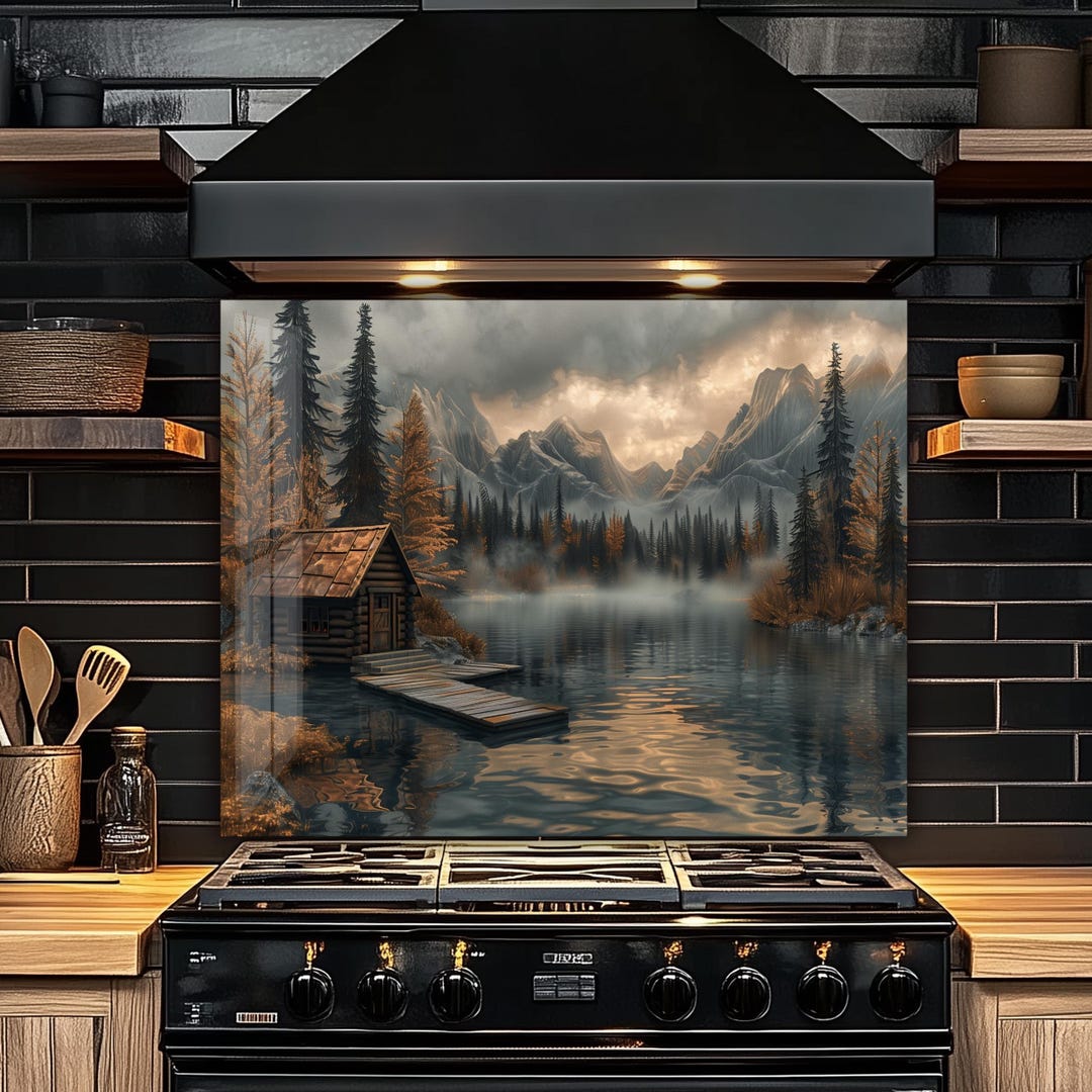 Rustic Landscape Stove Splashback, Lake Kitchen Backsplash Wall Panel ...