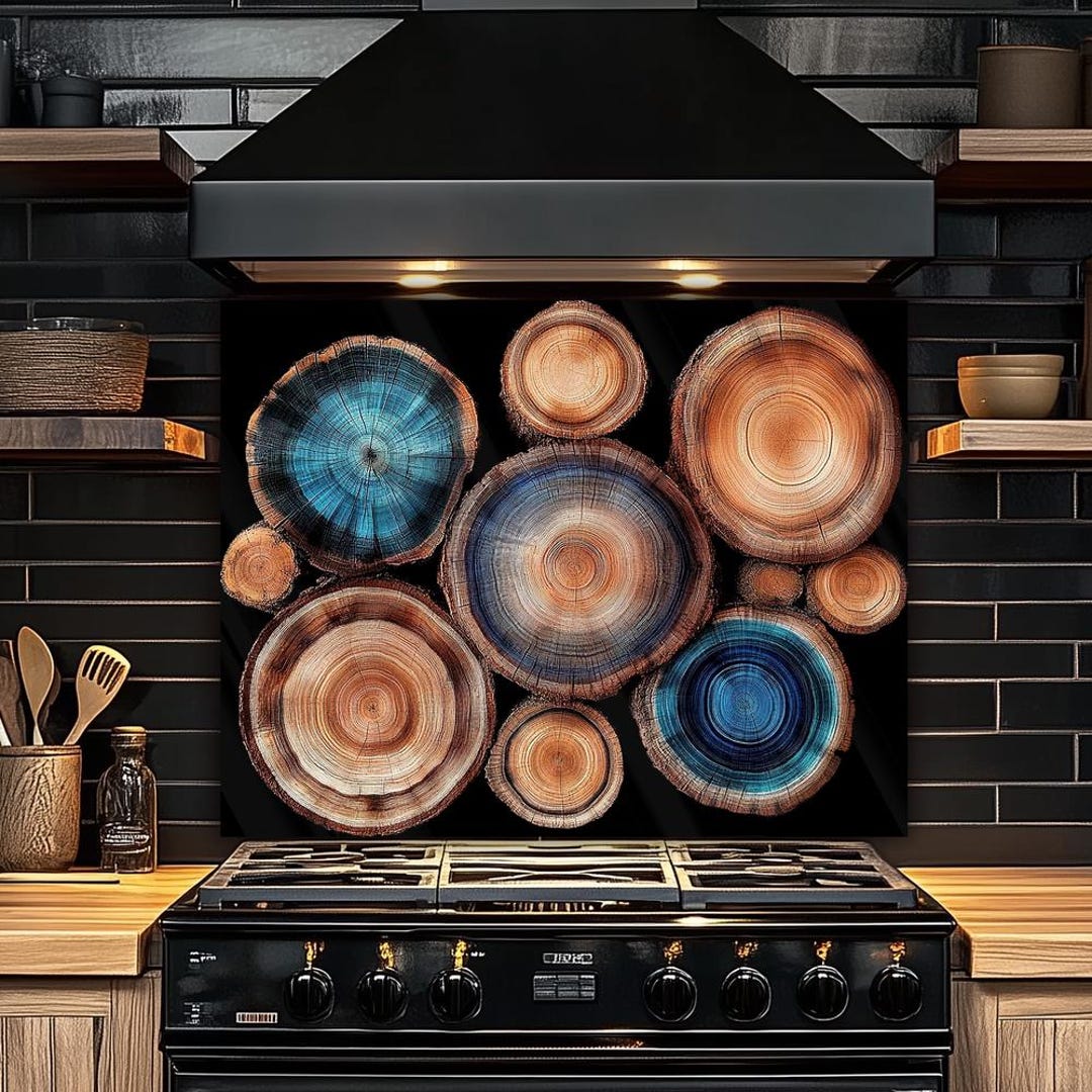 Pine Tree Rings Backsplash, Aesthetic Wall Art at Stove Behind, Tree ...