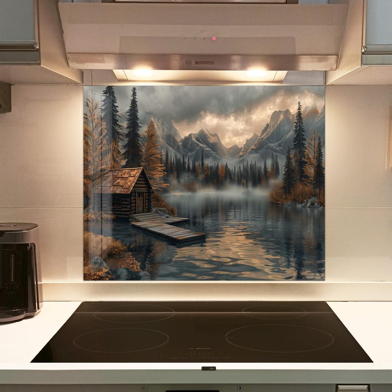 Rustic Landscape Stove Splashback, Lake Kitchen Backsplash Wall Panel ...