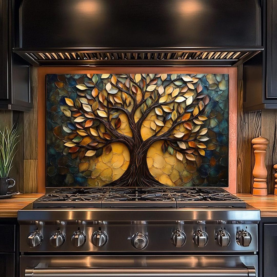 Backsplash-3 Design Option, Tree of Life Backsplash, 3D Effect Stained Glass Look Splash Back ...