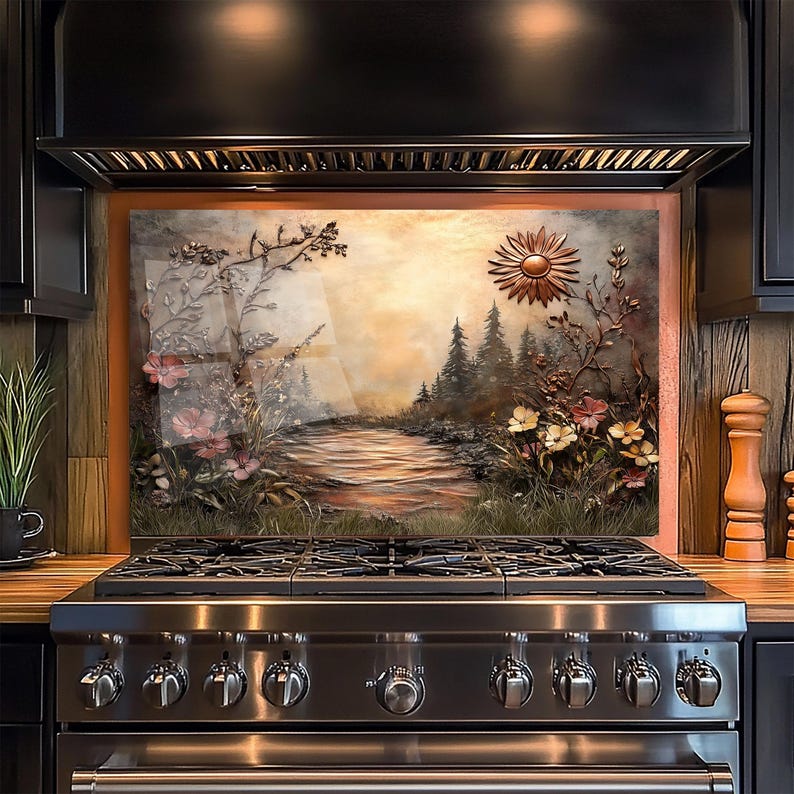 Backsplash-copper Look Splashback - Wildflowers Stove Back Splash ...