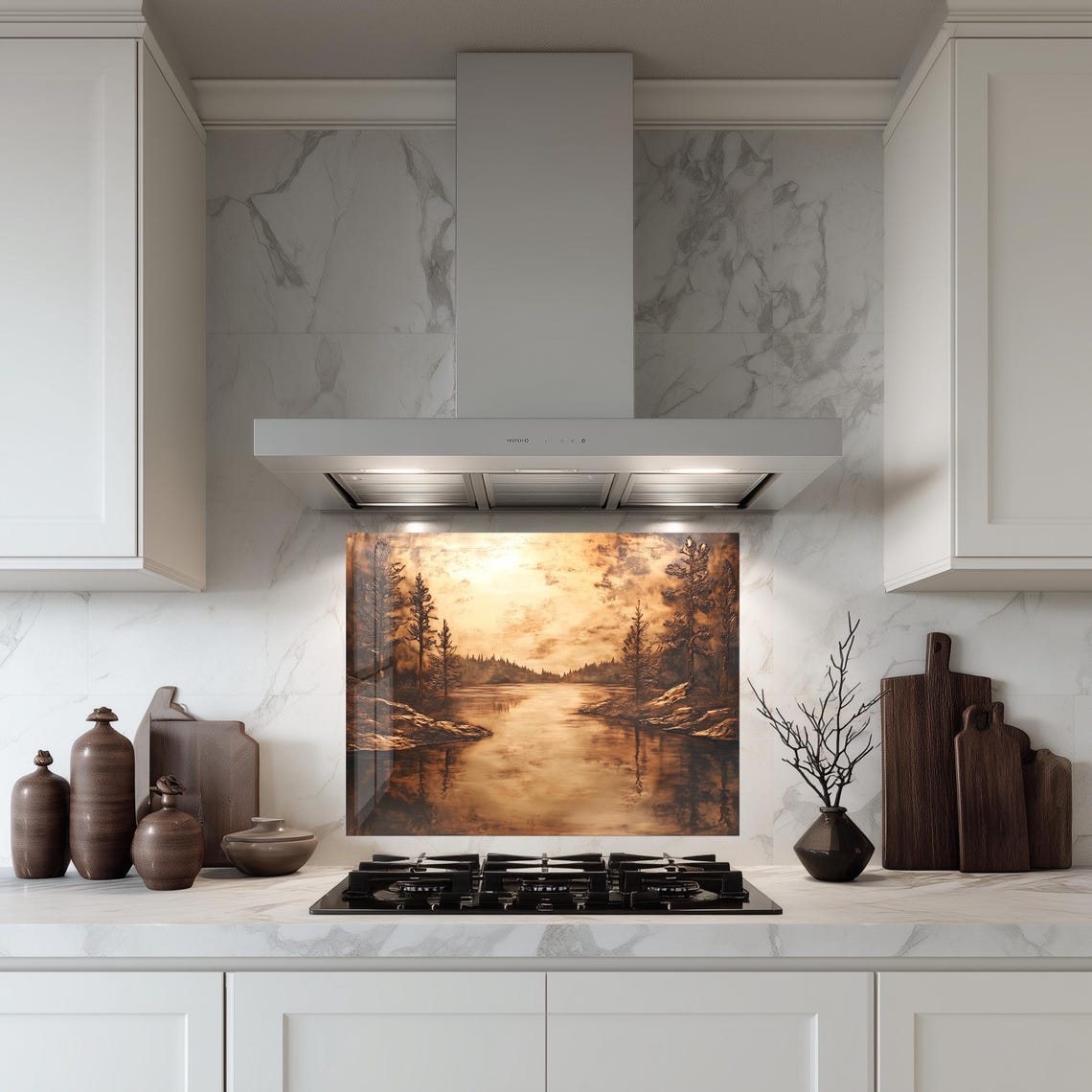 Rustic Copper Look Tempered Glass Stove Backsplash, Landscape Kitchen ...