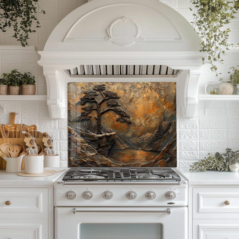 Rustic Landscape Kitchen Backsplash Wall Art, Tempered Glass Stove ...
