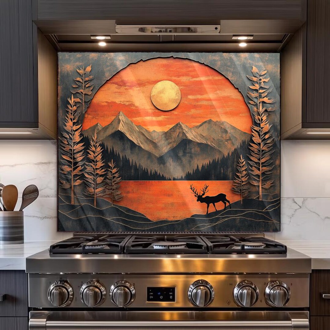 Glass Backsplash, Mountain Ranges Sunset Kitchen Stove Back,stove Backsplash, Copper Look Cook ...