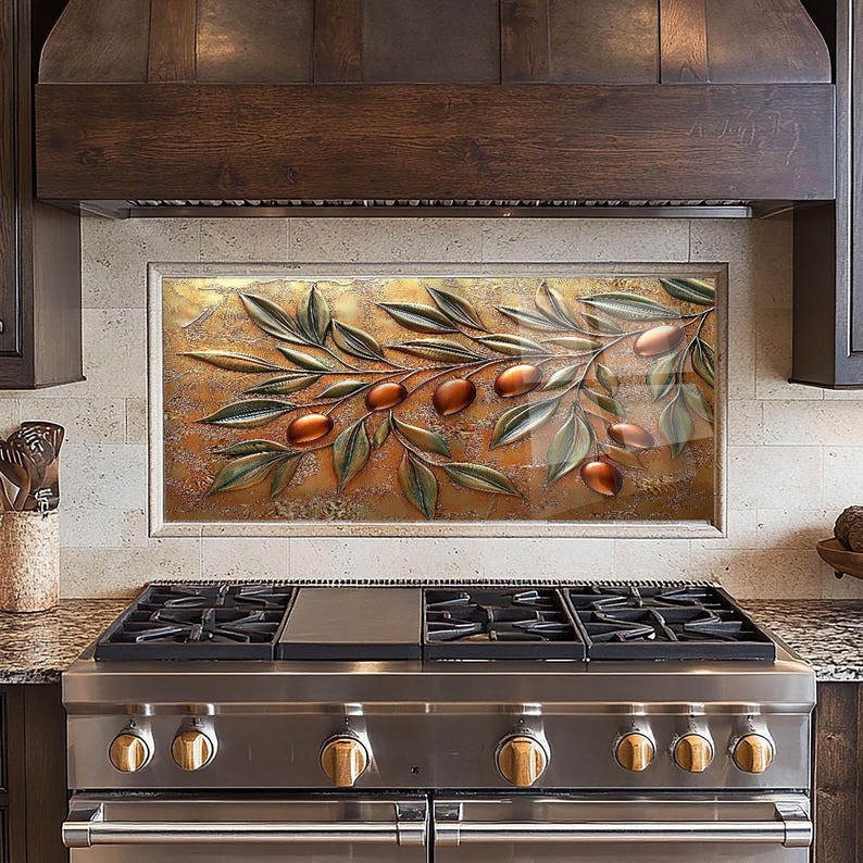 Olive Tree Backsplash, Copper Style Tempered Glass Kitchen Backsplashes ...