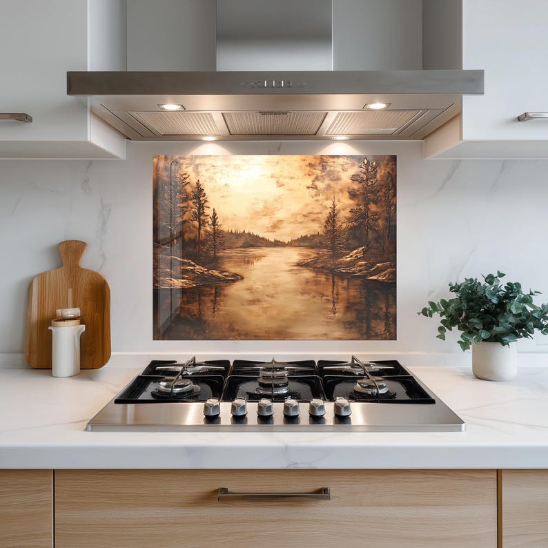 Rustic Copper Look Tempered Glass Stove Backsplash, Landscape Kitchen ...