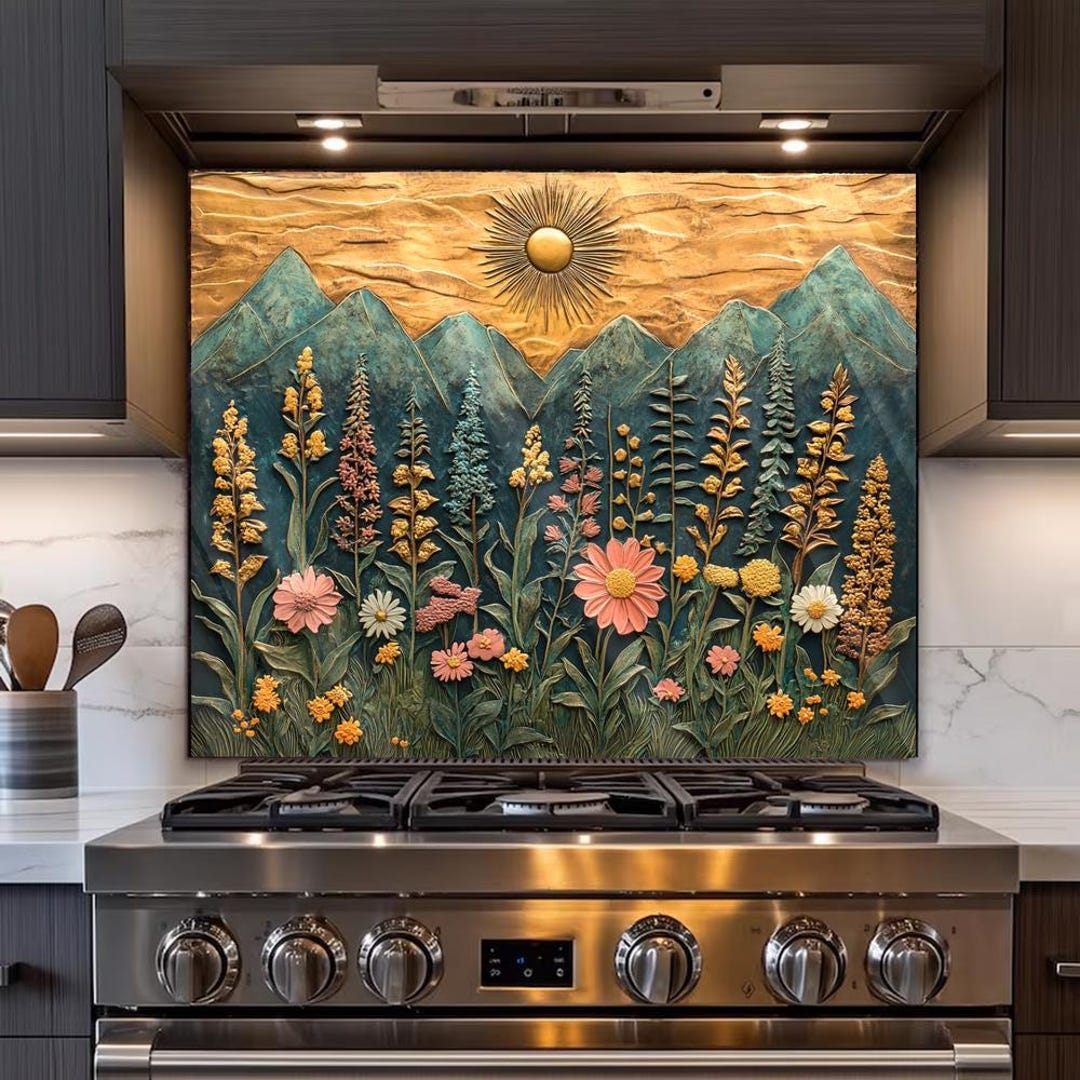 Backsplash-wildflowers Mountain Ranges Backsplash for Kitchen, Tempered ...