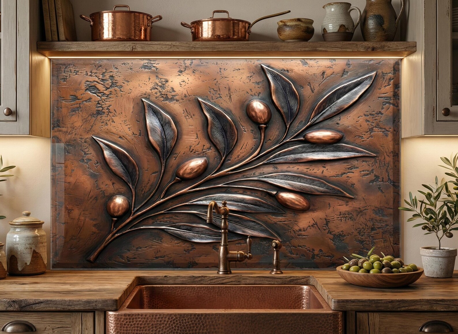 Copper Olive Branch Glass Backsplash, Rustic Kitchen Stove Splashback ...